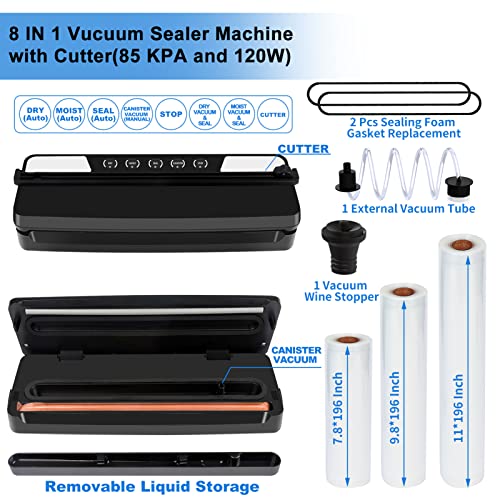 Vacuum Sealer Machine 8 PCS Food Vacuum Sealer Machine 8 in 1 Automatic Vacuum Sealer with Cutter&Dry&Moist Vacuum and Seal and 3 Rolls Bags Starter Kits for Home and Kitchen