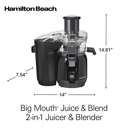 Hamilton Beach Juice & Blend 2-in-1 Juicer Machine and 20 oz. Blender, Big Mouth Large 3” Feed Chute for Whole Fruits and Vegetables, Easy to Clean, Centrifugal Extractor, 800W Motor, Black (67970)