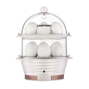 chefman electric egg cooker boiler, rapid egg-maker & poacher, food & vegetable steamer, quickly makes 12 eggs, hard or soft boiled, poaching and omelet trays included, ready signal, bpa-free, ivory