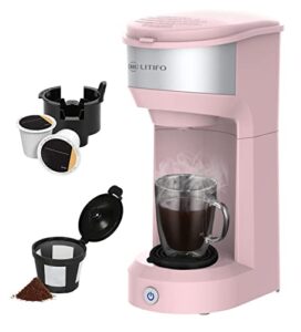 litifo single serve coffee maker for ground coffee, tea & k cup pod, 2-in-1 small coffee machine with 6 to 14oz reservoir, one-button fast brew, auto shut-off & self cleaning function (pink)