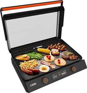 blackstone 22-inch electric griddle – 1200w non stick ceramic titanium coated stainless steel tabletop griddle with ez-touch control dial, lcd display, patented rotate & remove glass hood – 8001