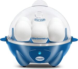 elite gourmet egc007bl rapid egg cooker, 7 easy-to-peel, hard, medium, soft boiled eggs, poacher, omelet maker, auto shut-off, alarm, 16-recipe booklet, classic blue