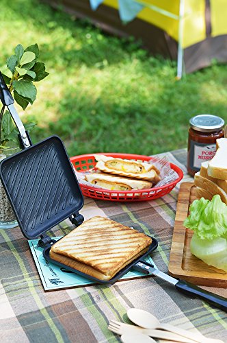 Yoshikawa SJ2408 Hot Sandwich Maker, Crispy Grilled Single, Fluorine Treated, For Gas Stoves, Black, Total Width: 13.8 inches (35 cm)