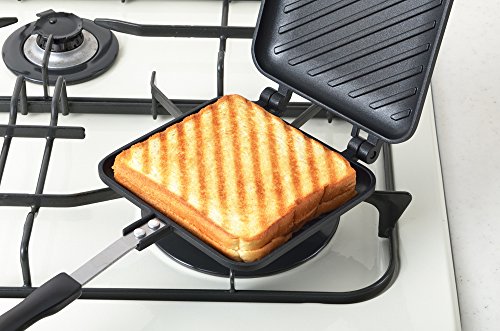 Yoshikawa SJ2408 Hot Sandwich Maker, Crispy Grilled Single, Fluorine Treated, For Gas Stoves, Black, Total Width: 13.8 inches (35 cm)