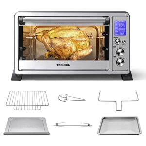 toshiba ac25cew-ss large 6-slice convection toaster oven countertop, 10-in-one with toast, pizza and rotisserie, 1500w, stainless steel, includes 6 accessories