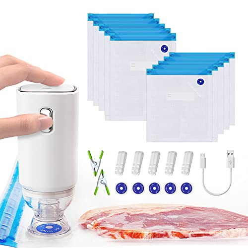 Sous Vide Bags 24PCS,FINWAY Electric Vacuum Sealer Machine & Reusable Vacuum Zipper Bags for Cooking and Food Storage,Sous Vide Vacuum Sealer with 10 Vacuum Zipper Bags,2 Cooking Clips & 5 Zip Clips