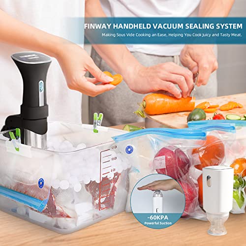 Sous Vide Bags 24PCS,FINWAY Electric Vacuum Sealer Machine & Reusable Vacuum Zipper Bags for Cooking and Food Storage,Sous Vide Vacuum Sealer with 10 Vacuum Zipper Bags,2 Cooking Clips & 5 Zip Clips