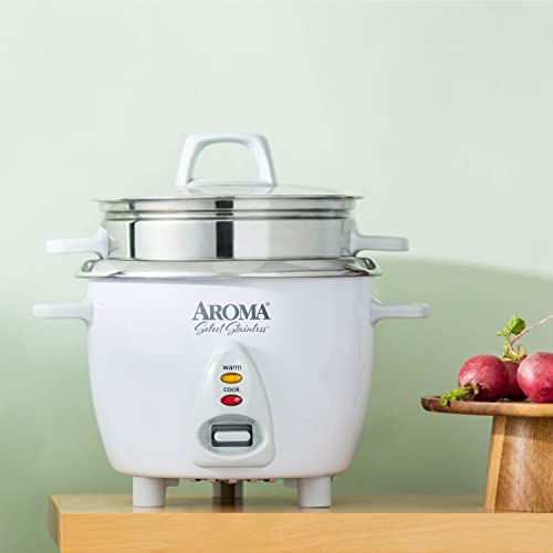 Aroma Housewares 6-Cup (Cooked) / 1.2Qt. Select Stainless Pot-Style Rice Cooker, & Food Steamer, One-Touch Operation, White