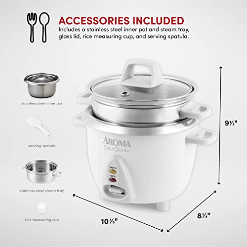 Aroma Housewares 6-Cup (Cooked) / 1.2Qt. Select Stainless Pot-Style Rice Cooker, & Food Steamer, One-Touch Operation, White