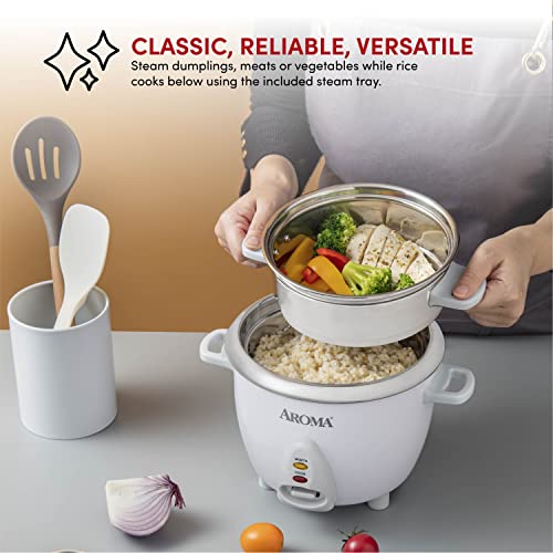 Aroma Housewares 6-Cup (Cooked) / 1.2Qt. Select Stainless Pot-Style Rice Cooker, & Food Steamer, One-Touch Operation, White