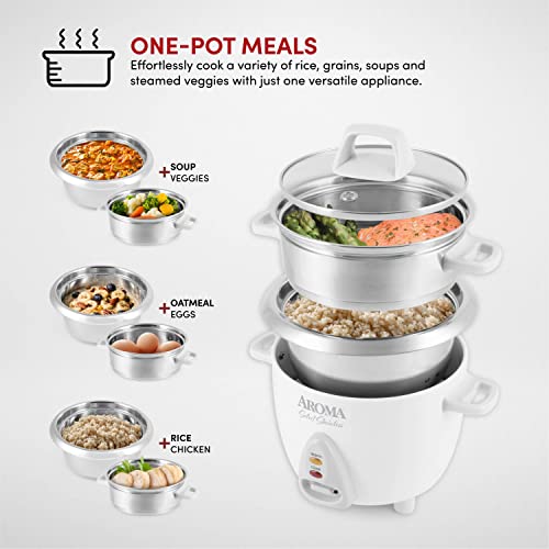 Aroma Housewares 6-Cup (Cooked) / 1.2Qt. Select Stainless Pot-Style Rice Cooker, & Food Steamer, One-Touch Operation, White