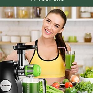 Juicer Machines, HOUSNAT Professional Celery Slow Masticating Juicer Extractor Easy to Clean, Cold Press Juicer with Quiet Motor and Reverse Function for Fruit & Vegetable, Brushes & Recipes Included, Black