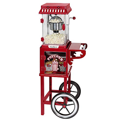 West Bend PCMC20RD13 Popcorn Cart Non-Stick Stainless Steel Kettle Makes 10 Cups Features Prep Shelf Storage and Wheels for Easy Mobility Includes Measuring Tool, 2.5-Ounce, Red