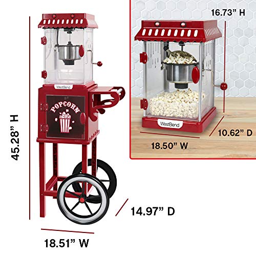 West Bend PCMC20RD13 Popcorn Cart Non-Stick Stainless Steel Kettle Makes 10 Cups Features Prep Shelf Storage and Wheels for Easy Mobility Includes Measuring Tool, 2.5-Ounce, Red