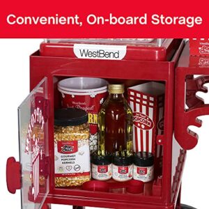 West Bend PCMC20RD13 Popcorn Cart Non-Stick Stainless Steel Kettle Makes 10 Cups Features Prep Shelf Storage and Wheels for Easy Mobility Includes Measuring Tool, 2.5-Ounce, Red