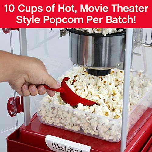 West Bend PCMC20RD13 Popcorn Cart Non-Stick Stainless Steel Kettle Makes 10 Cups Features Prep Shelf Storage and Wheels for Easy Mobility Includes Measuring Tool, 2.5-Ounce, Red