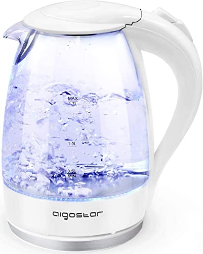 Aigostar Electric Kettle, 1.7L Glass Electric Tea Kettle Rapid Heating, Borosilicate Glass, Auto Shutoff and Boil-Dry Protection, Hot Water Boiler BPA Free and Cordless with LED Indicator