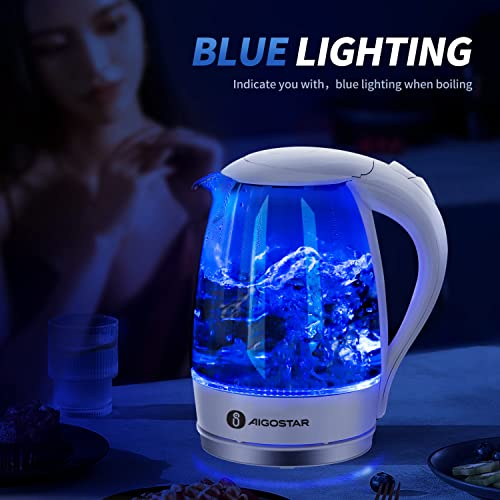 Aigostar Electric Kettle, 1.7L Glass Electric Tea Kettle Rapid Heating, Borosilicate Glass, Auto Shutoff and Boil-Dry Protection, Hot Water Boiler BPA Free and Cordless with LED Indicator