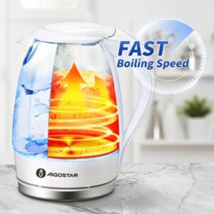 Aigostar Electric Kettle, 1.7L Glass Electric Tea Kettle Rapid Heating, Borosilicate Glass, Auto Shutoff and Boil-Dry Protection, Hot Water Boiler BPA Free and Cordless with LED Indicator