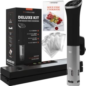 sous vide cooker kit all in one| sous vide immersion circulator slim design 1000w precise temperature with vacuum sealer machine and sous vide vacuum bags | 24 month warranty | deluxe edition