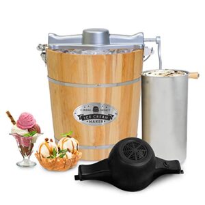 elite gourmet eim402 old fashioned 4 quart vintage wood bucket electric ice cream maker machine, *bonus classic die-cast hand crank for churning, uses ice & rock salt churns ice cream in minutes, pine