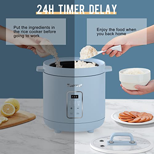 Topwit Mini Rice Cooker, 2 Cups Uncooked Rice Cooker Small with Glass Cover, 1.2L Portable Non-Stick Small Rice Cooker, Smart Control Rice Maker with 24H Delay Start & Keep Warm, Blue