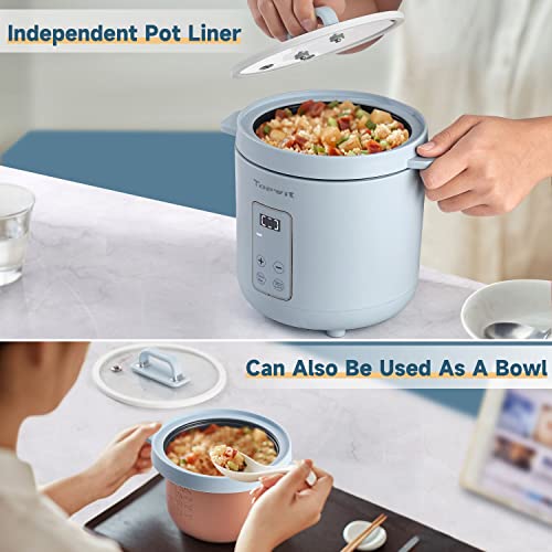 Topwit Mini Rice Cooker, 2 Cups Uncooked Rice Cooker Small with Glass Cover, 1.2L Portable Non-Stick Small Rice Cooker, Smart Control Rice Maker with 24H Delay Start & Keep Warm, Blue