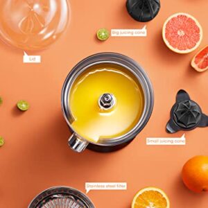 FOHERE Orange Juice Squeezer Electric Citrus Juicer with Two Interchangeable Cones Suitable for orange, lemon and Grapefruit, Brushed Stainless Steel