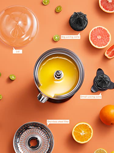 FOHERE Orange Juice Squeezer Electric Citrus Juicer with Two Interchangeable Cones Suitable for orange, lemon and Grapefruit, Brushed Stainless Steel