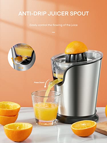 FOHERE Orange Juice Squeezer Electric Citrus Juicer with Two Interchangeable Cones Suitable for orange, lemon and Grapefruit, Brushed Stainless Steel