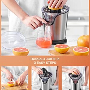 FOHERE Orange Juice Squeezer Electric Citrus Juicer with Two Interchangeable Cones Suitable for orange, lemon and Grapefruit, Brushed Stainless Steel