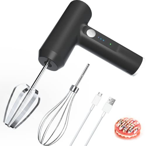 Cordless Hand Mixer, LHBD Electric Whisk USB Rechargeable Handheld Electric Mixer with 3-speed Self-Control, 304 Stainless Steel Beaters & Balloon Whisk, for Gifts, Butter Tarts, Cakes, Cookies