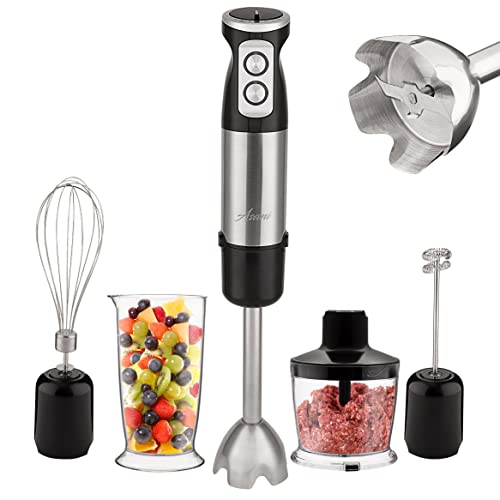 5 in 1 Handheld Immersion Blender, Anti-Splash Stick Blender with a Milk Frother, Egg Whisk, Food Grinder, and Blending Container, Hand Held Blender for Smoothies, Baby Food, Coffee, and Baking