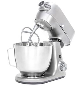 ge tilt-head electric stand mixer | 7-speed, 350-watt motor | includes 5.3-quart bowl, flat beater, dough hook, wire whisk & pouring shield | countertop kitchen essentials | granite gray