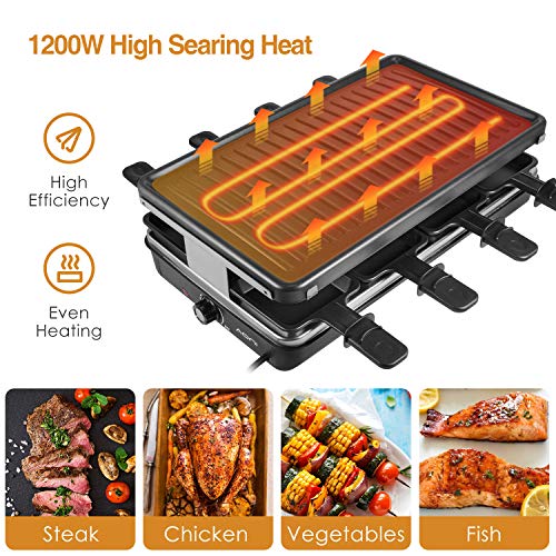 AONI Raclette Table Grill, Korean BBQ Grill Electric Indoor Cheese Raclette, Removable Non-Stick Surface, Temperature Control & Dishwasher Safe, 1200W