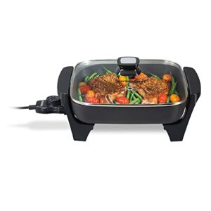 proctor silex electric skillet with lid, 116 sq. in. nonstick cooking surface for frying, sauteing, simmering and braising, adjustable temp 200° to 400° f, black (38526ps)