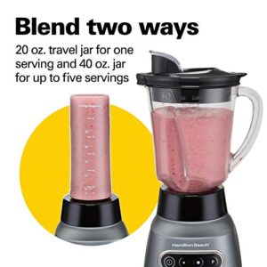 Hamilton Beach 58181 Blender to Puree, Crush Ice, and Make Shakes and Smoothies, 40 Oz Glass Jar, 6 Functions + 20 Oz Travel Container, Gray