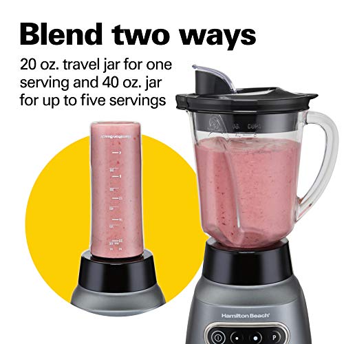 Hamilton Beach 58181 Blender to Puree, Crush Ice, and Make Shakes and Smoothies, 40 Oz Glass Jar, 6 Functions + 20 Oz Travel Container, Gray