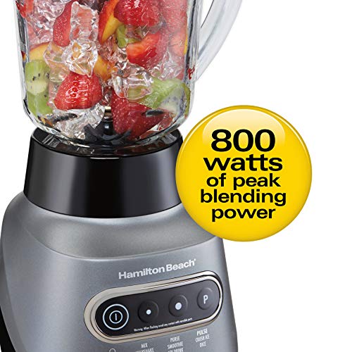 Hamilton Beach 58181 Blender to Puree, Crush Ice, and Make Shakes and Smoothies, 40 Oz Glass Jar, 6 Functions + 20 Oz Travel Container, Gray