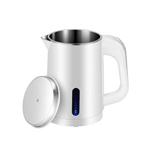 small electric kettle stainless steel, 0.8l portable travel kettle with double wall construction, mini hot water boiler heater, electric tea kettle for business trip, camping, travel, office (white)