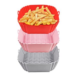 ycqqpro square air fryer silicone liners, 8inch 3pack reusable air fryer silicone basket, food grade heat resistant easy cleaning air fryers oven accessories for 4qt or bigger air fryer(red+pink+grey)