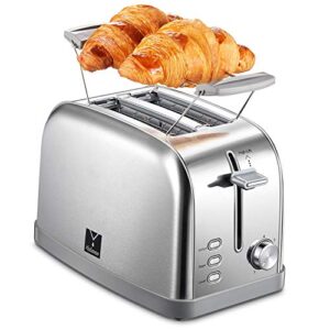 2 slice toaster, retro bagel toaster toaster with 7 bread shade settings, 2 extra wide slots, defrost/bagel/cancel function, removable crumb tray, stainless steel toaster by yabano, silver