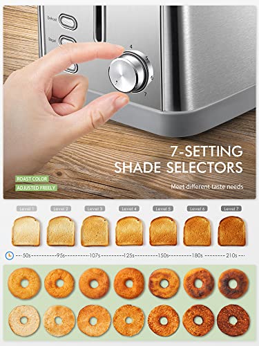 2 Slice Toaster, Retro Bagel Toaster Toaster with 7 Bread Shade Settings, 2 Extra Wide Slots, Defrost/Bagel/Cancel Function, Removable Crumb Tray, Stainless Steel Toaster by Yabano, Silver