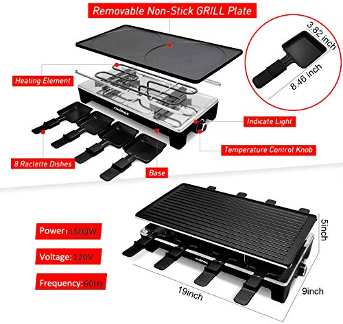 CUSIMAX Raclette Grill Electric Grill Table Portable 2 in 1 Korean BBQ Grill Indoor & Cheese Raclette, Reversible Non-stick plate, Crepe Maker with Adjustable temperature control and 8 Paddles