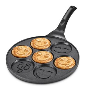 clockitchen pancake pan nonstick griddle pancake maker mini pancake and 7 smiling face cups pan breakfast crepe for kids, black