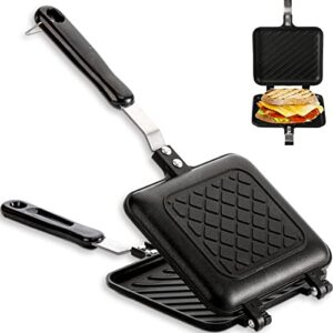 zoofox sandwich maker, non-stick grilled sandwich and panini maker pan with handle, stovetop toasted sandwich maker aluminum flip pan for home kitchen