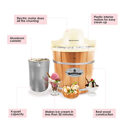 Elite Gourmet EIM-924L, 4 Qt. Electric Motorized Ice Cream Maker Ice & Rock Salt, 4Qt. Freezing Canister, Creamy Ice Cream, Gelato, Frozen Yogurt, or Sorbet, Recipe Booklet