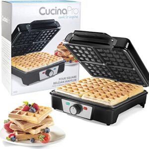 cucinapro four square belgian waffle maker, extra large stainless steel kitchen appliance with nonstick waffler iron plates, makes 4 fluffy waffles, griddle is great for family breakfast or gift