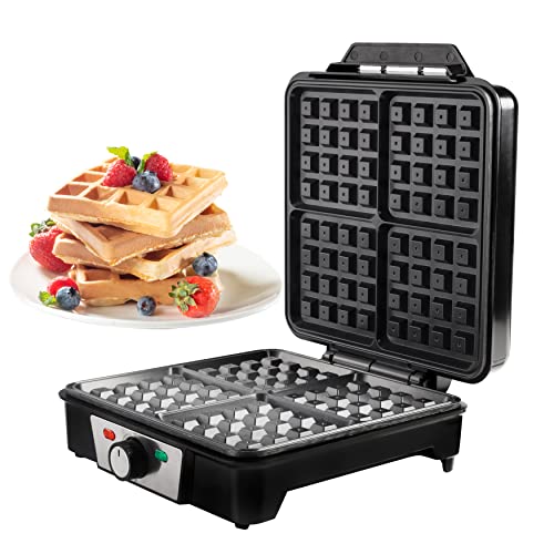 CucinaPro Four Square Belgian Waffle Maker, Extra Large Stainless Steel Kitchen Appliance with Nonstick Waffler Iron Plates, Makes 4 Fluffy Waffles, Griddle is Great for Family Breakfast or Gift