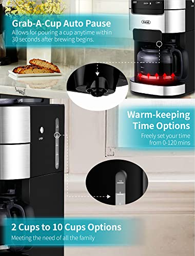 10-Cup Drip Coffee Maker, Grind and Brew Automatic Coffee Machine with Built-In Burr Coffee Grinder, Programmable Timer Mode and Keep Warm Plate, 1.5L Large Capacity Water Tank,900W, Black